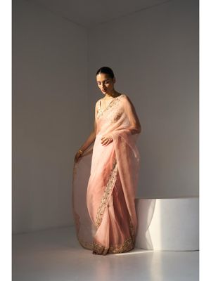 Buy Sarang Kaur Pink Pavit Saree with Unstitched Blouse with Unstitched ...