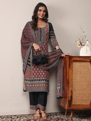 Buy Libas Rust Printed Kurta with Pant and Dupatta (M) Online