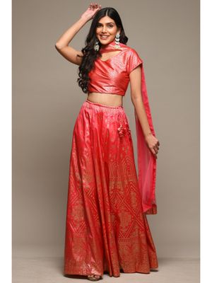 Buy Biba Women Red Woven Poly Taffeta Lehenga (Set of 3) Online
