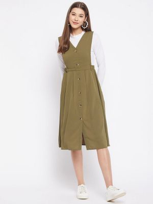 Buy WineRed Women Olive Solid Pinafore Dress (XS) Online