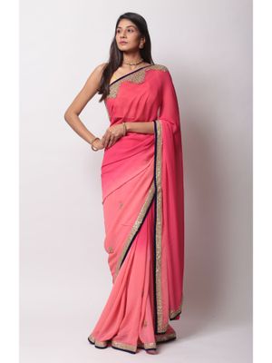 Buy Zari Jaipur Pink Aari Kundan Thread Zardozi Georgette Saree with ...