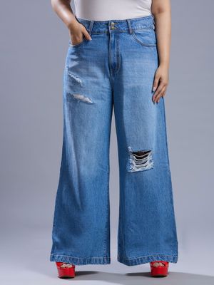 Buy Turning Blue High Rise Plus Size Mid Blue Non -Stretch Wide Leg ...