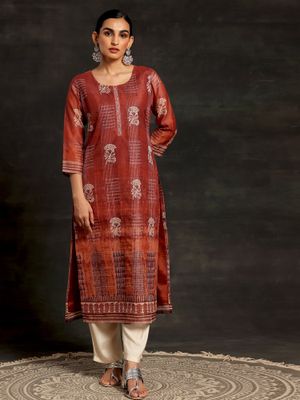 Buy Libas Rust Chanderi Silk Hand Work Yoke Design Kurta with Lining ...