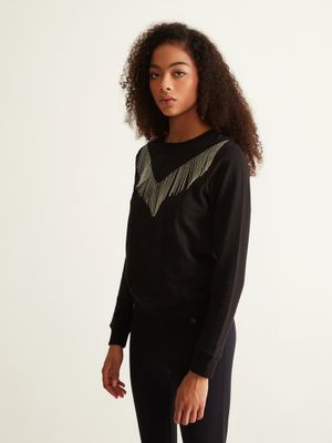 Buy COVER STORY Black Studded Fringe Sweatshirt Online