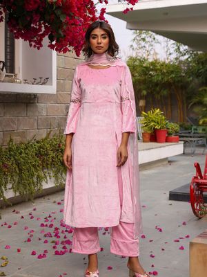 Buy Bud & Tulip Makhmal Pink Arna Pink Kurta 1Pant Dupatta (Set of 3 ...