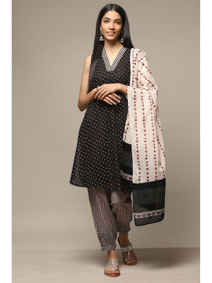 Buy Biba Womens Black Printed Cotton Straight Suit (Set of 3) Online