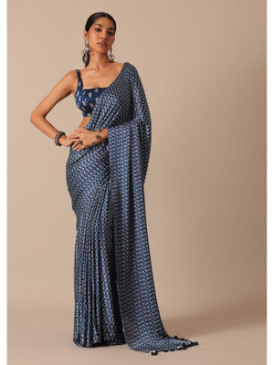Buy KALKI FASHION Blue Printed Saree In Satin with Tassel Pallu and ...