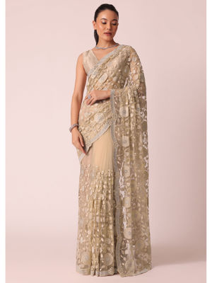 Buy KALKI FASHION Gold Net Saree with Stone Studded and Floral Work and ...