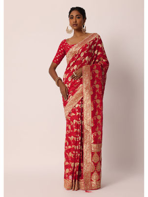 Buy KALKI FASHION Red Khadi Gota Patti Banarasi Saree with Unstitched Blouse Online