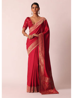 Buy KALKI FASHION Red Bandhani Silk Woven Saree with Unstitched Blouse Online