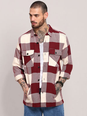 Buy SHOWOFF Edition Maroon Checked Shacket (S) Online