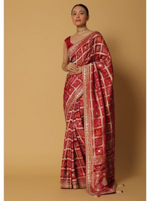 Buy KALKI FASHION Red Satin Woven Bandhani Saree with Unstitched Blouse Piece Online