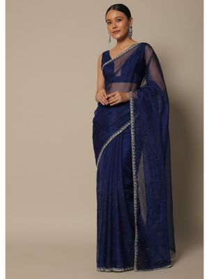 Buy KALKI FASHION Stone Work Navy Blue Organza Saree with Unstitched ...