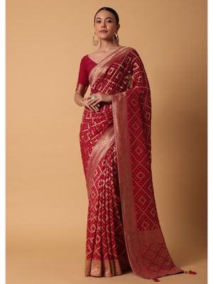 Buy KALKI FASHION Bandhani Weave Red Banarasi Georgette Saree and Unstitched Blouse Piece Online