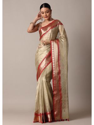 Buy KALKI FASHION Mirror Work Gold Chanderi Kota Silk Woven Saree with Unstitched Blouse Online