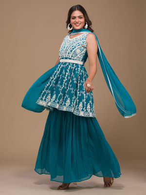 Buy Koskii Turquoise Blue Thread Work Georgette Readymade Salwar Suit ...