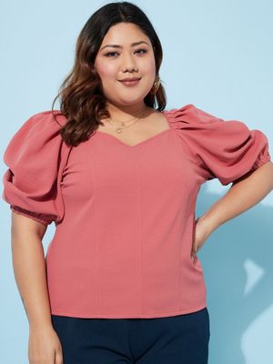 Buy AAREIN Ample Plus Size Sweetheart Neck Puff Sleeves Peach Casual ...