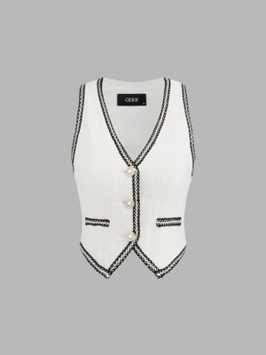 Buy Cider Tweed V-neck Solid Button Crop Vest (XXS) Online