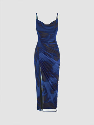 Buy Cider Mesh Cowl Neck Ruched Split Midi Dress (XXS) Online
