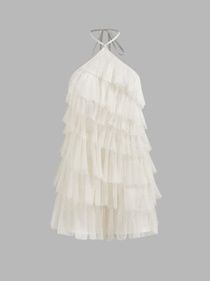Buy Cider Mesh Glitter Halter Layered Ruffle Hem Mini Dress (XXS) Online