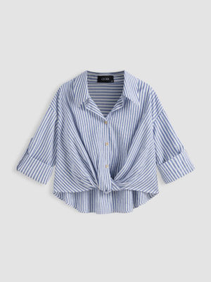 Buy Cider Cotton-blend Collar Striped Knotted Roll-up Long Sleeve Shirt ...