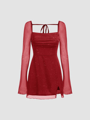 Buy Cider Square Neck Solid Glitter Knotted Mini Dress (XXS) Online
