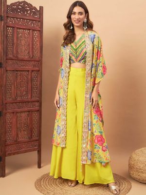 Buy Chhabra 555 Women Yellow Embellished Crop Top with Palazzo and ...