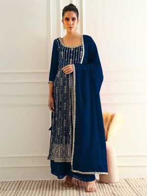 Buy Chhabra 555 Women Blue Embellished Kurta with Palazzo and Dupatta ...