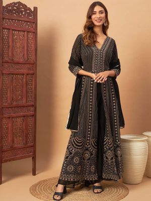 Buy Chhabra 555 Women Black Embroidered Kurta with Palazzo and Dupatta ...