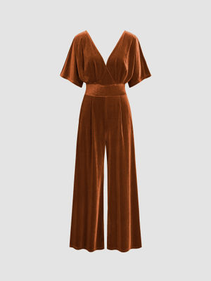 Buy Cider Velvet V-neck Solid Ruffle Jumpsuit (S) Online