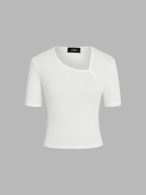 Buy Cider Asymmetrical Neck Solid Short Sleeve Knitted Tee (XS) Online