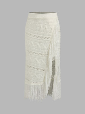 Buy Cider Knit Solid Asymmetrical Fringe Midi Skirt (XS) Online