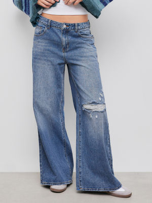 Buy Cider Denim Low Rise Solid Ripped Baggy Jeans (S) Online