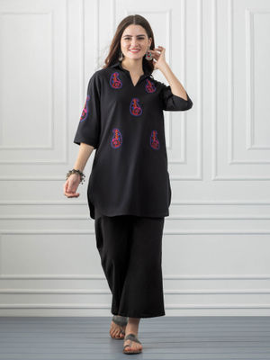 Buy SHAYE Shirt Collar Black Paisley Embroidered Tunic and Trouser For ...
