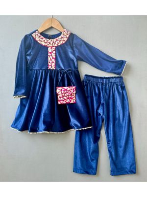 Buy LABEL NEETI Applique Embroidered Velvet Kurti with Pant (Set of 2 ...