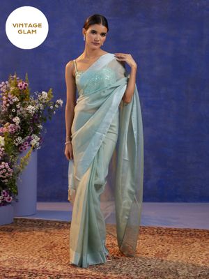 Buy Gajra Gang Vintage Rani Turquoise Sheer Organza Saree GGSAR10 Online