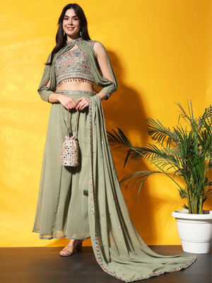 Buy Chhabra 555 Green Embroidered Flared Crop Top Palazzzo with Dupatta ...