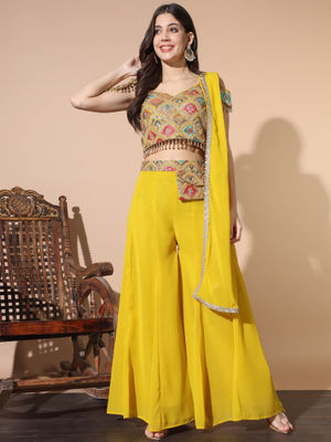 Buy Chhabra 555 Yellow Embroidered Flared Crop Top and Palazzo with ...