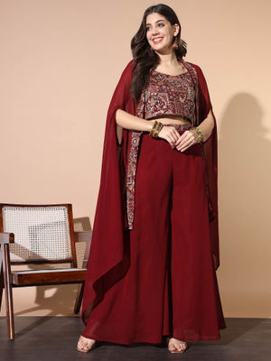 Buy Chhabra 555 Maroon Embroidered Flared Crop Top and Palazzo with ...
