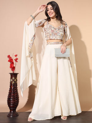 Buy Chhabra 555 Cream Embroidered Flared Crop Top and Palazzo with ...