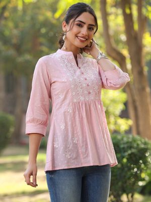 Buy Juniper Womens Pink Cotton Solid with Embroidery Straight Tunic online