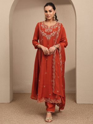 Buy Libas Rust Embroidered Silk Blend A-Line Kurta And Pant With ...