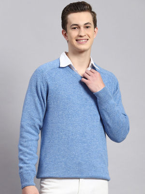 Buy Monte Carlo Mens Solid Powder Blue V-Neck Full Sleeves Sweater (S ...