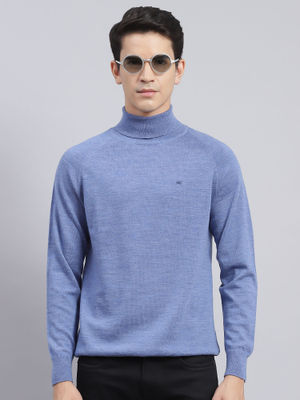Buy Monte Carlo Mens Solid Powder Blue High Neck Sweater (S) Online