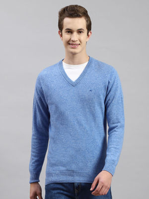 Buy Monte Carlo Mens Solid Powder Blue V-Neck Full Sleeves Sweater (S ...