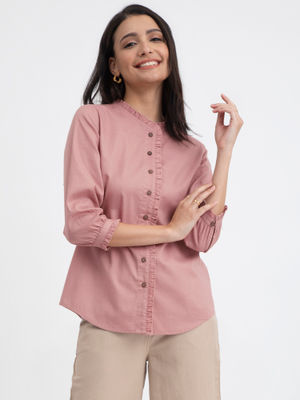 Buy Pink Fort Solid Linen Blend Mandarin Neck Shirt- Pink Online