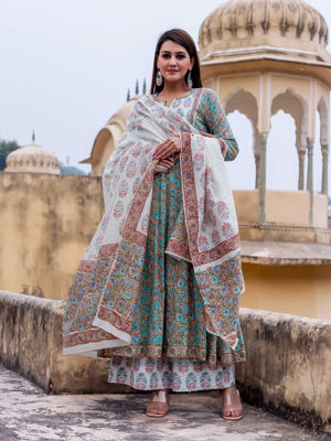 Buy Missprint Emerald Green Block Printed Anarkali Suit Set Online