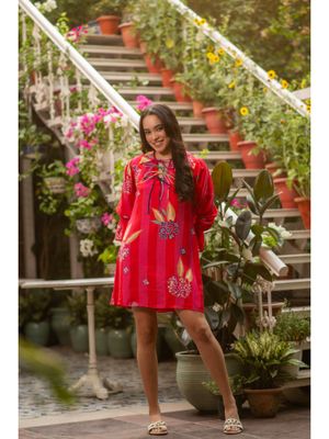 Buy AKSH INDIA Pink Bloom Printed Dress with Bow Tie (XS) Online