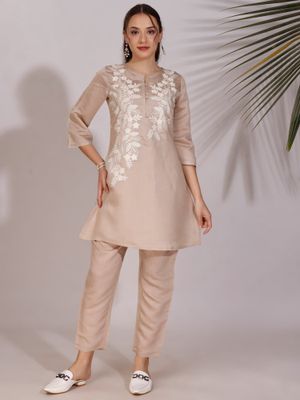 Buy Tikhi Imli Brown Colour White Thread Embroidery Work Co-Ord (Set of ...