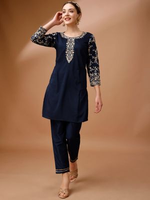 Buy Tikhi Imli Navy Blue Colour Zari Embroidery Work Co-Ord (Set of 2 ...